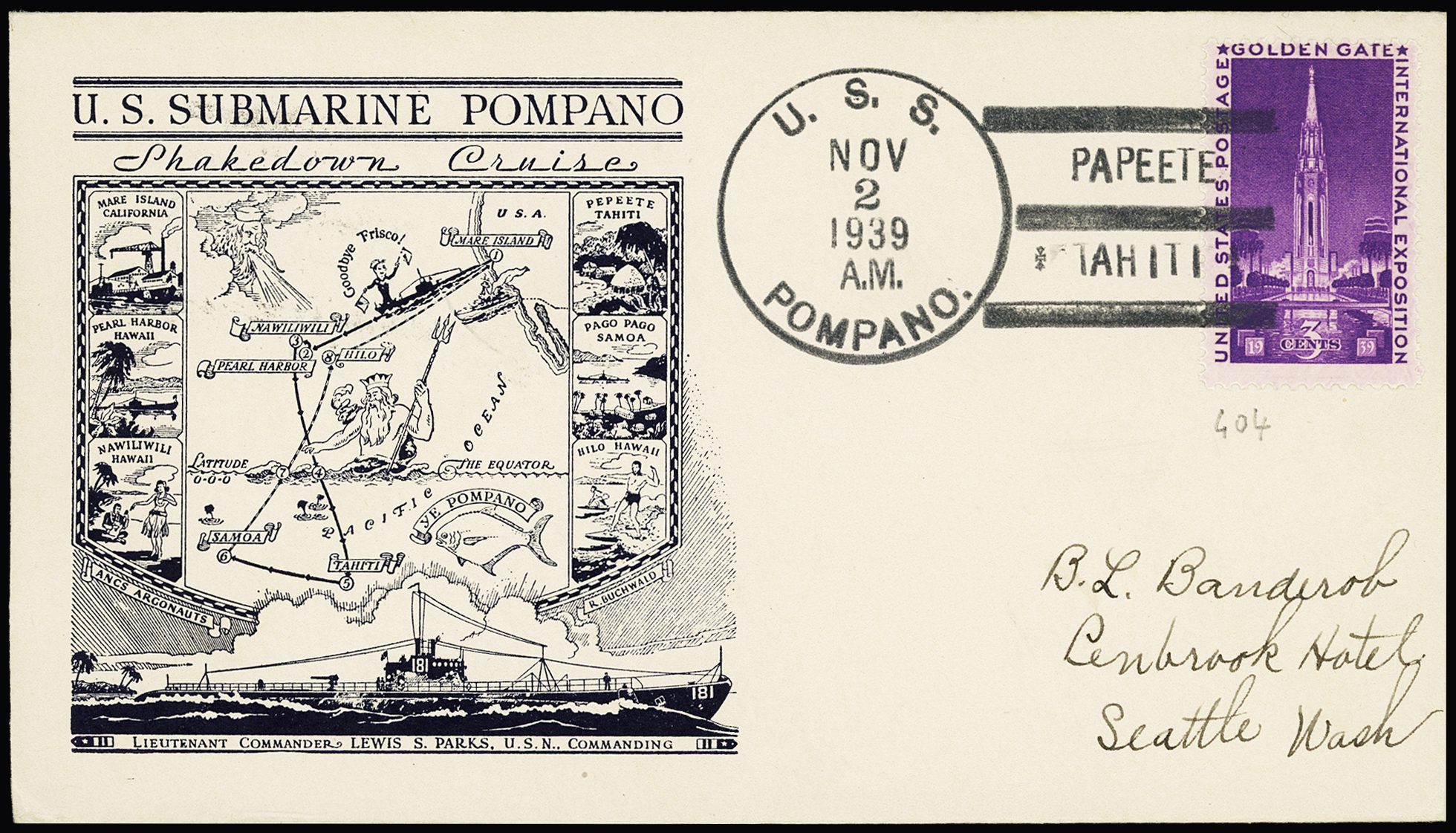 Lot 5696 - USA n°404 OBL grand CAD "USS Pompano" (1939) + griffe d ...