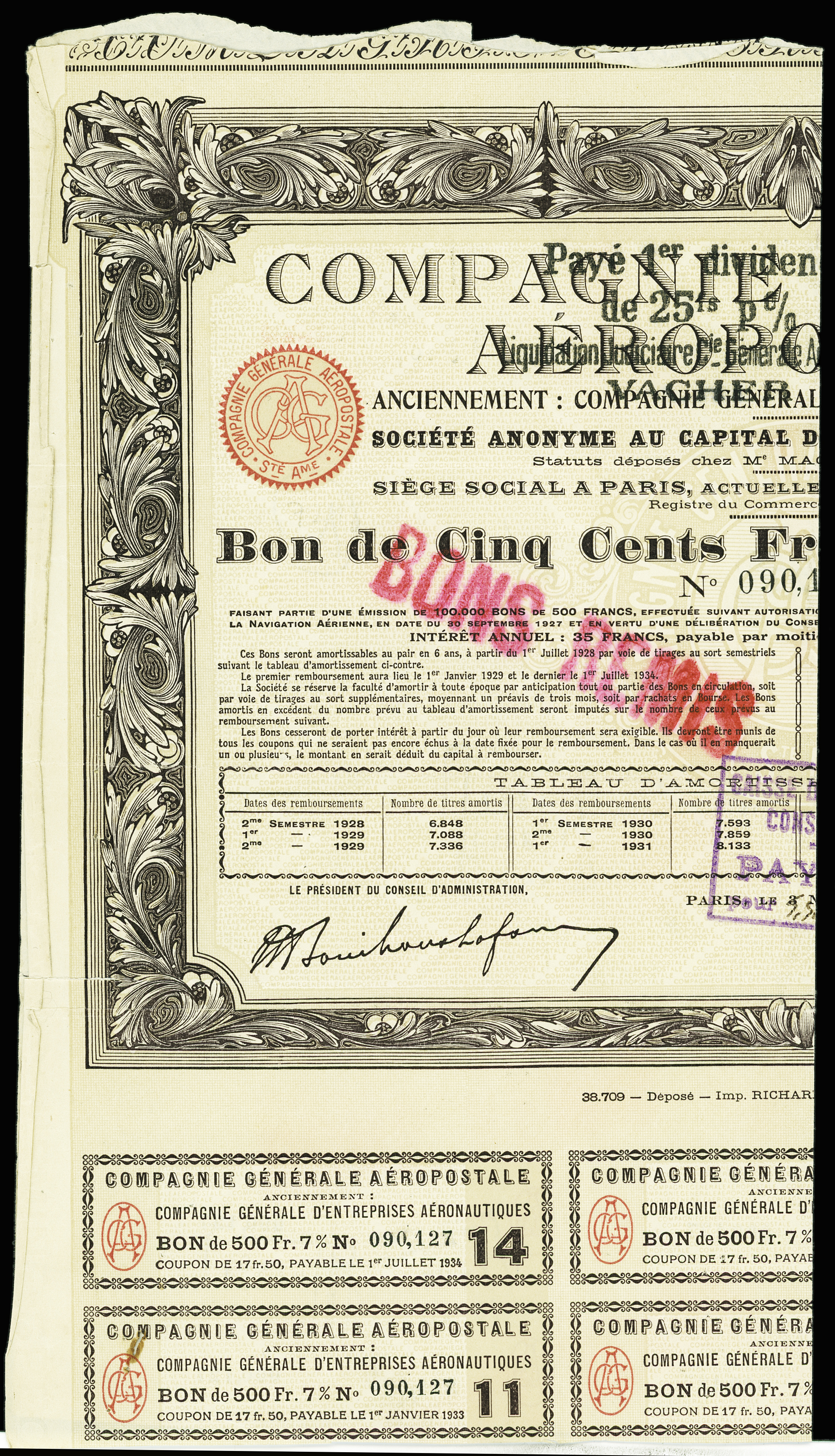 Lot 24790 - Action au porteur de 500F de la Compagnie Générale ...