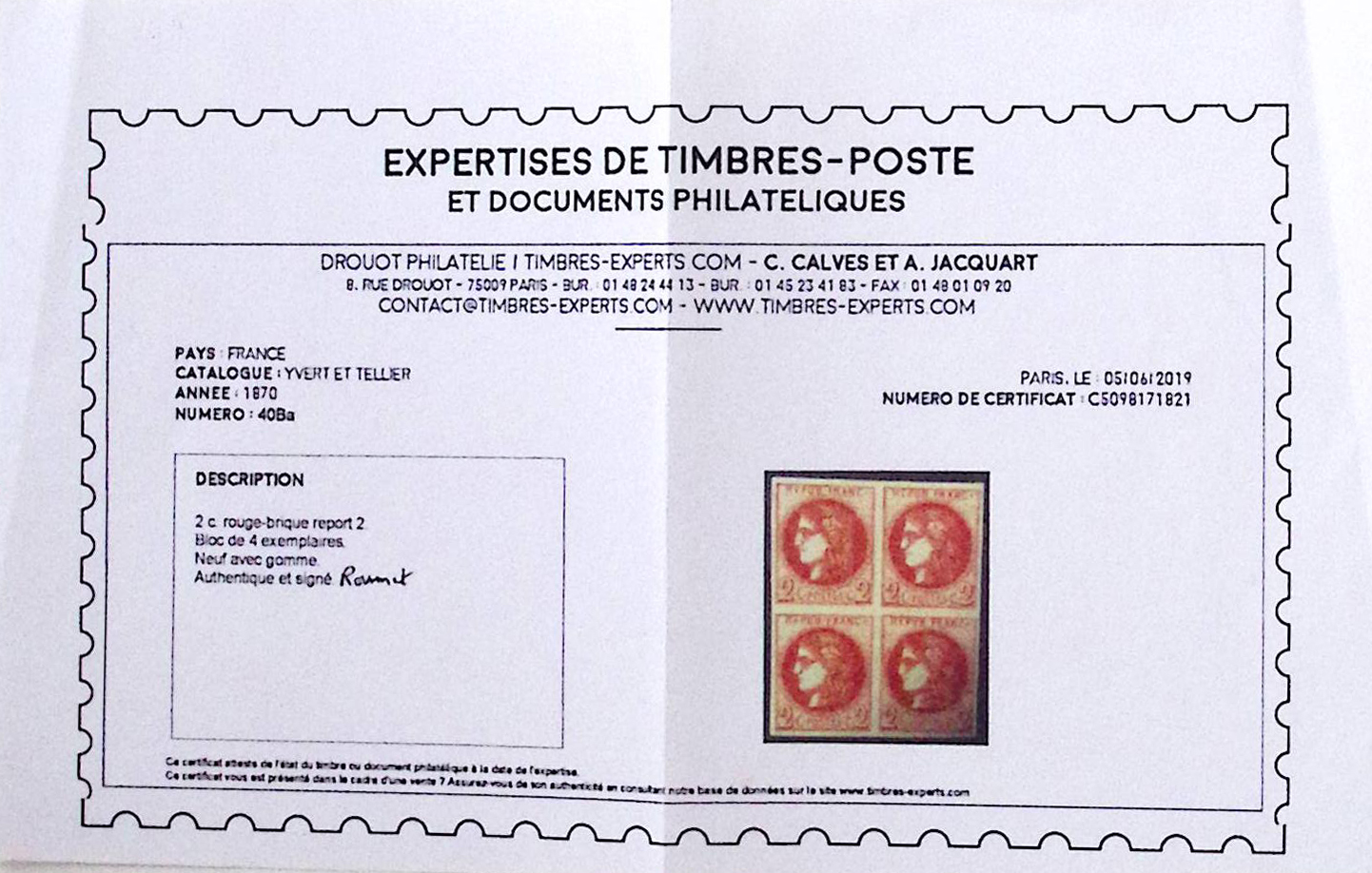 Lot 80618 - N°40Ba 2c rouge brique, R2, en blocde quatre, sigén ...